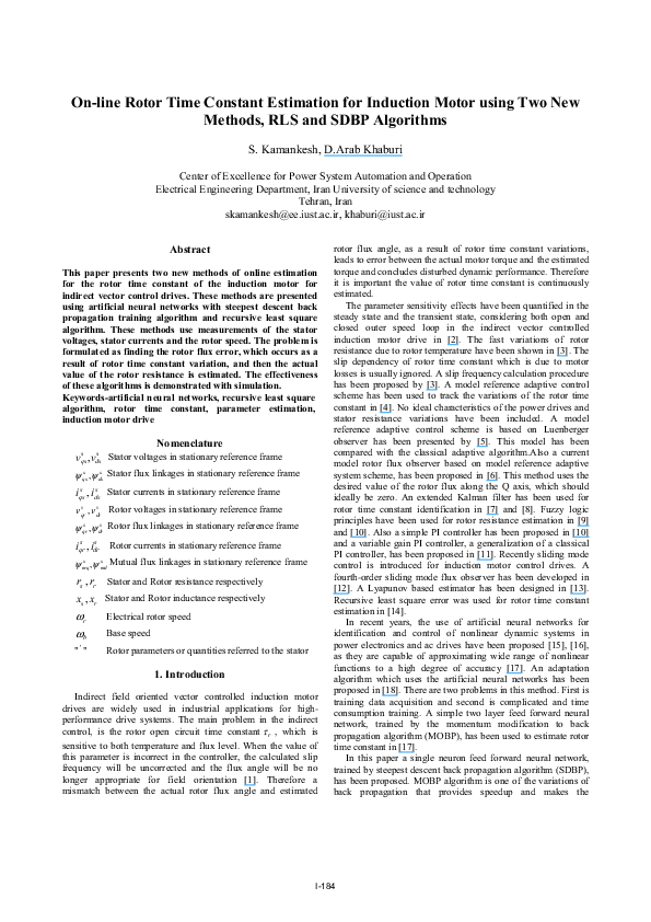 Pdf On Line Rotor Time Constant Estimation For Induction Motor Using