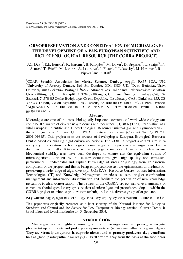 (PDF) CRYOPRESERVATION AND CONSERVATION OF MICROALGAE: THE DEVELOPMENT ...