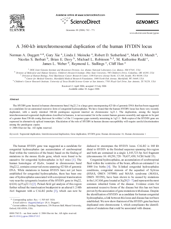 (PDF) A 360-kb interchromosomal duplication of the human HYDIN locus