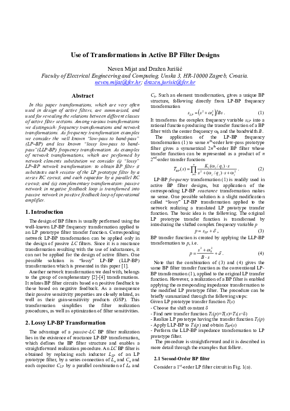 (PDF) Use of transformations in active BP filter designs | Drazen ...
