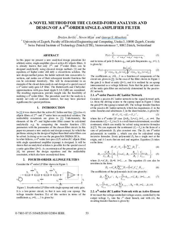 Pdf A Novel Method For The Closed Form Analysis And Design Of A 4th Order Single Amplifier Filter