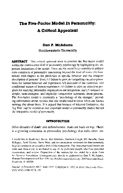 (PDF) The Five-Factor Model In Personality: A Critical Appraisal