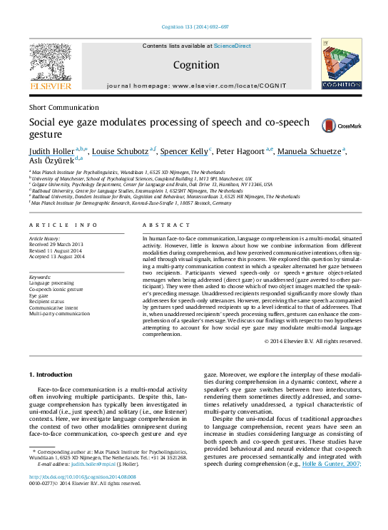 (PDF) Social eye gaze modulates processing of speech and co-speech gesture