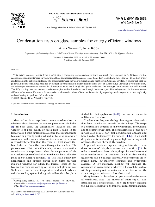 (PDF) Condensation tests on glass samples for energy efficient windows