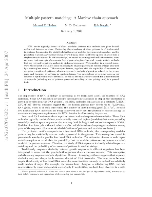 Pdf Multiple Pattern Matching A Markov Chain Approach 