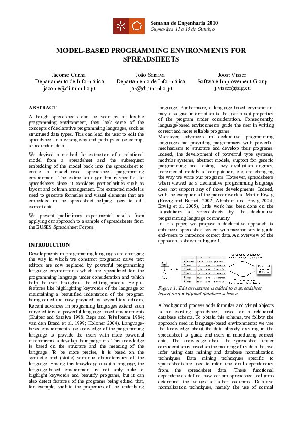 (PDF) Model-based programming environments for spreadsheets
