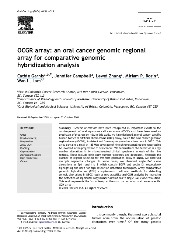 (PDF) OCGR array: an oral cancer genomic regional array for comparative ...