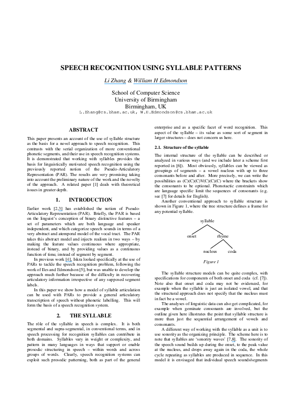 (PDF) Speech recognition using syllable patterns | William H Edmondson - Academia.edu