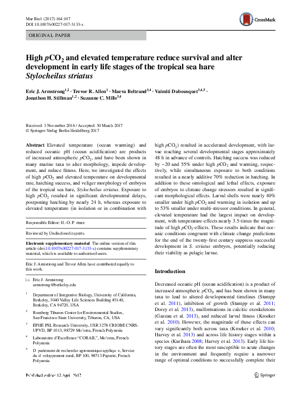 (PDF) High pCO2 and elevated temperature reduce survival and alter ...