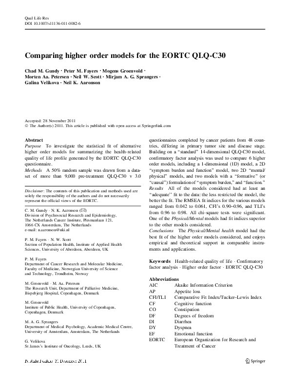 (PDF) Comparing higher order models for the EORTC QLQ-C30