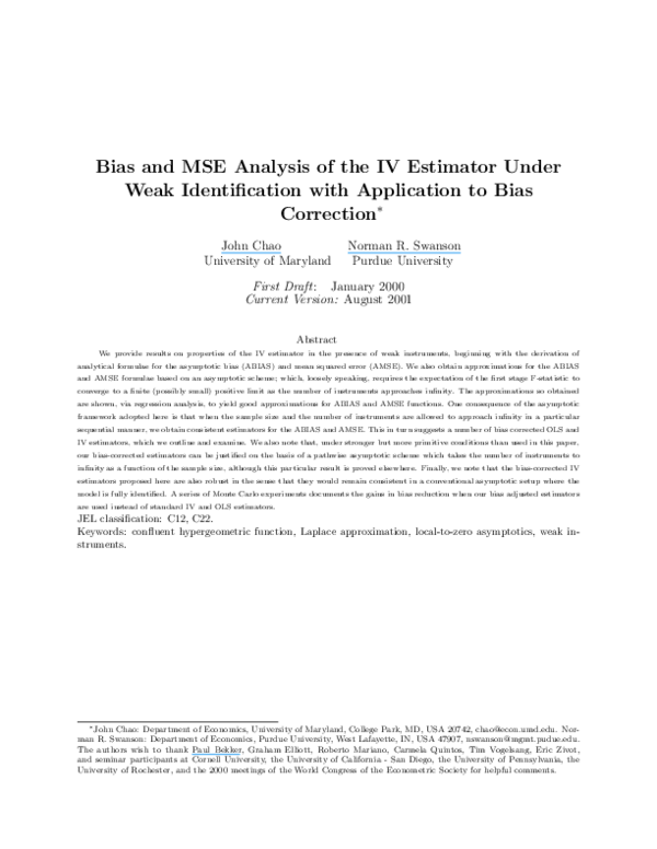 (PDF) Bias and MSE analysis of the IV estimator under weak identification with application to ...