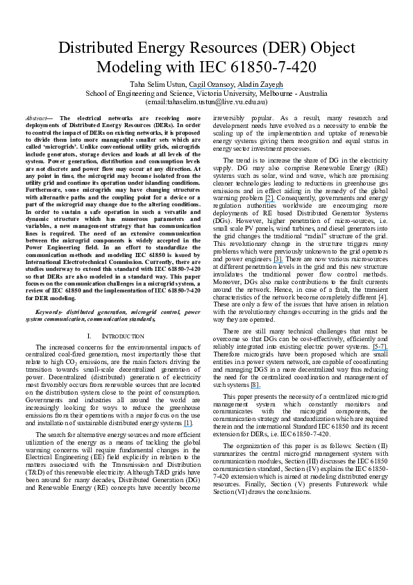Pdf Distributed Energy Resources Der Object Modeling With Iec 61850 7 420