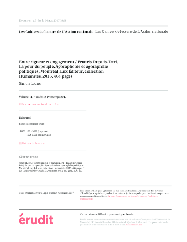 (PDF) Recension «La peur du peuple» (dans «Les Cahiers de lecture de L ...