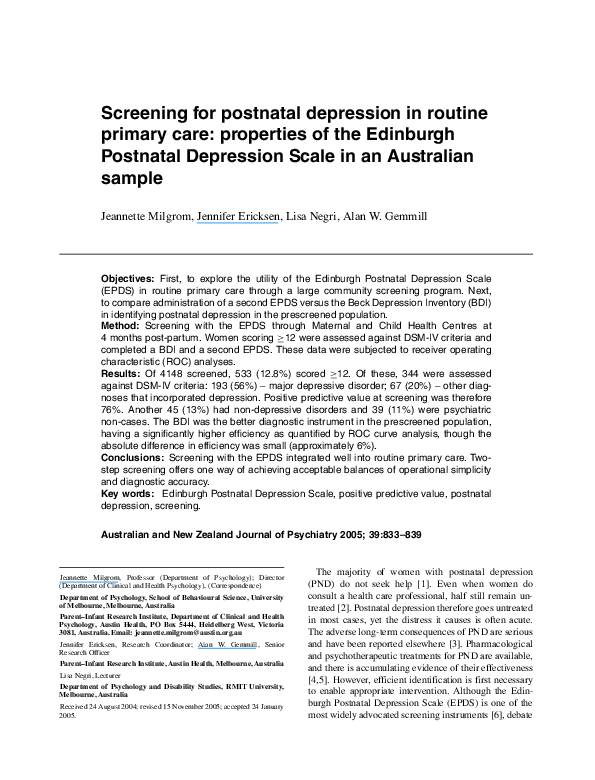 (PDF) Screening for postnatal depression in routine primary care ...
