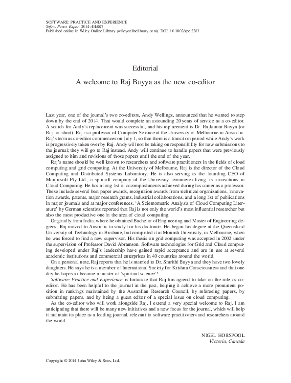 Pdf A Welcome To Raj Buyya As The New Co Editor