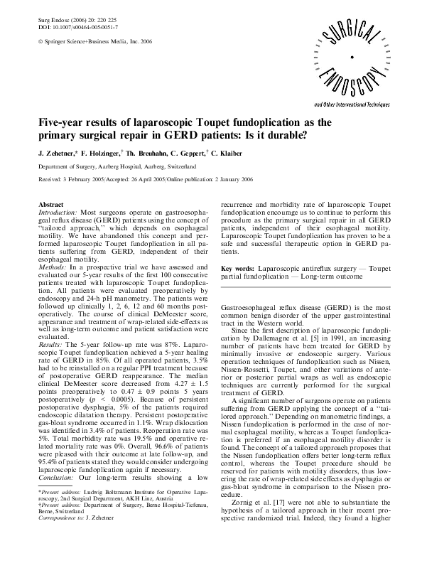(PDF) Five-year results of laparoscopic Toupet fundoplication as the ...