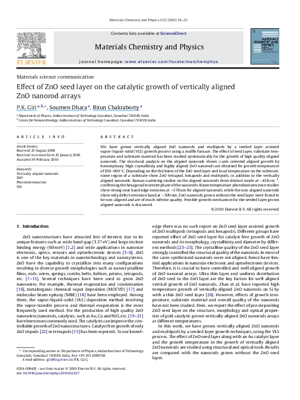 (PDF) Effect of ZnO seed layer on the catalytic growth of vertically aligned ZnO nanorod arrays