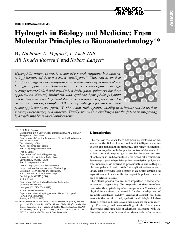 (PDF) Hydrogels in Biology and Medicine: From Molecular Principles to ...