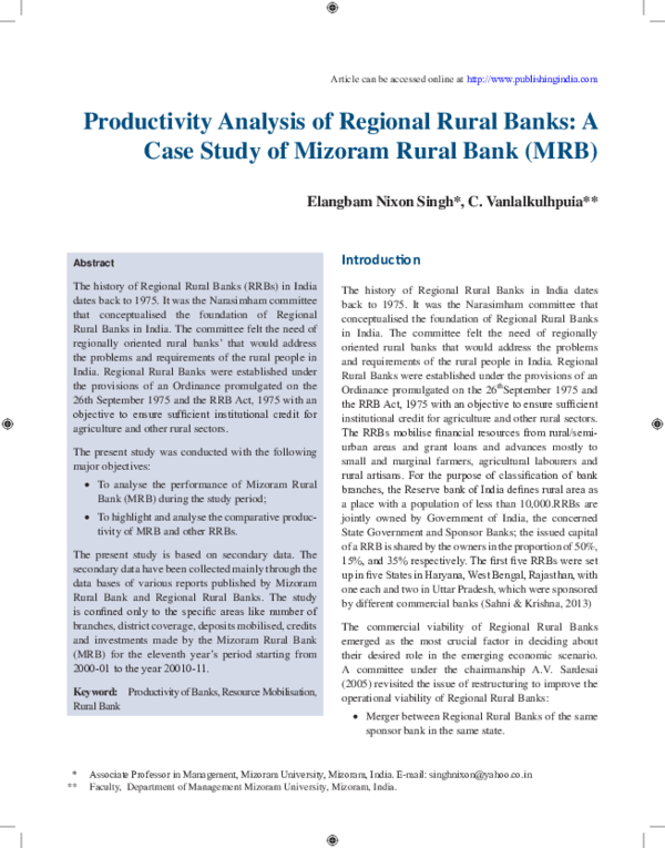 (PDF) Productivity Analysis of Regional Rural Banks: A Case Study of ...