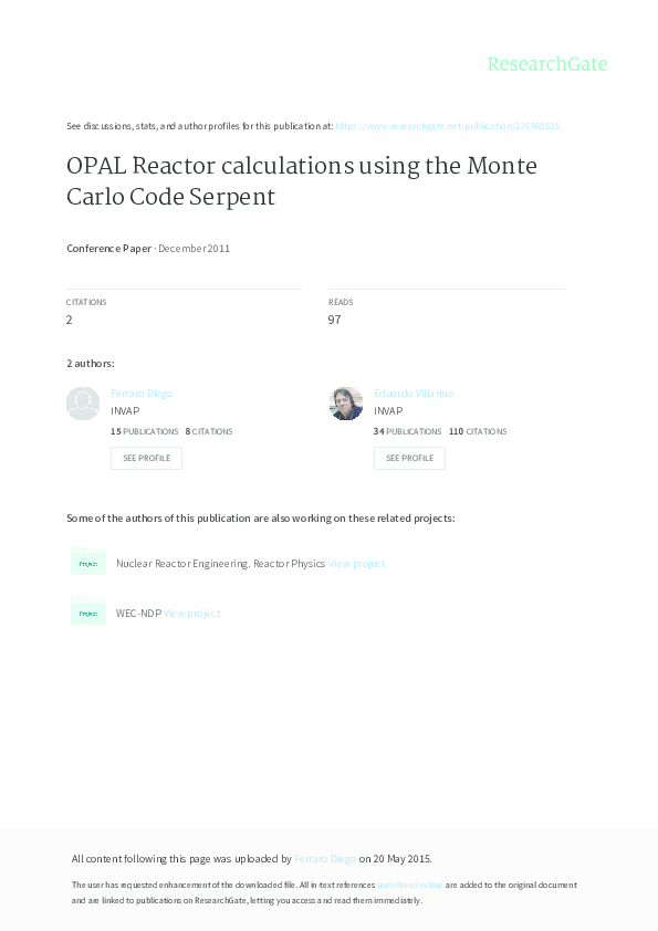 (PDF) OPAL Reactor calculations using the Monte Carlo Code Serpent OPAL ...