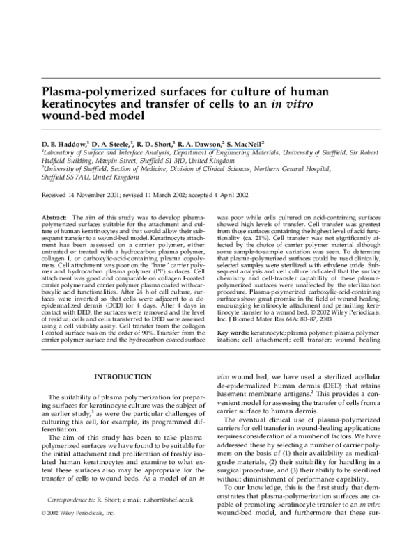 (PDF) Plasma-polymerized surfaces for culture of human keratinocytes ...
