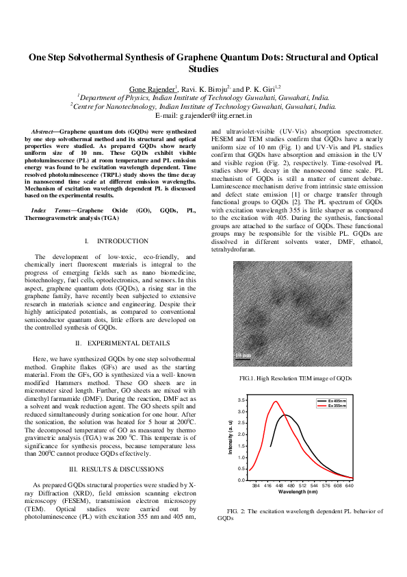 (PDF) One Step Solvothermal Synthesis of Graphene Quantum Dots: Structural and Optical Studies