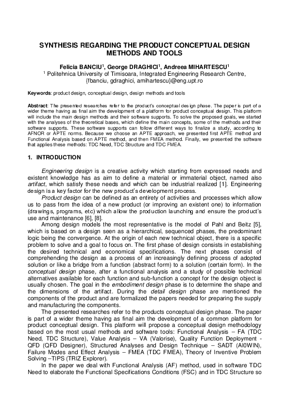 (PDF) Synthesis Regarding the Product Conceptual Design Methods and Tools