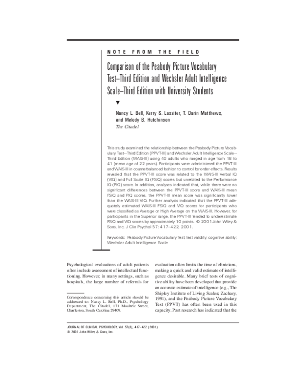 (PDF) Comparison of the Peabody Picture Vocabulary Test—Third Edition ...