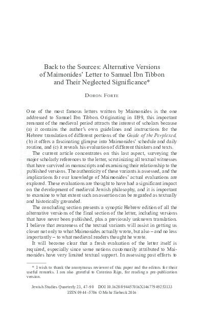 (PDF) Back to the Sources: Alternative Versions of Maimonides' Letter ...