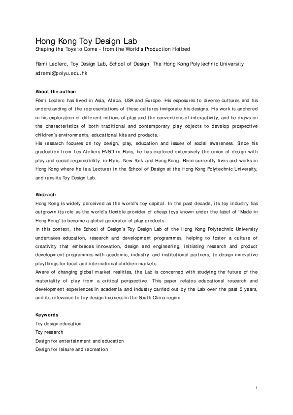 (PDF) Hong Kong Toy Design Lab: Shaping the toys to come - from the ...