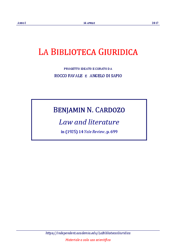 Pdf Benjamin N Cardozo Law And Literature 1925