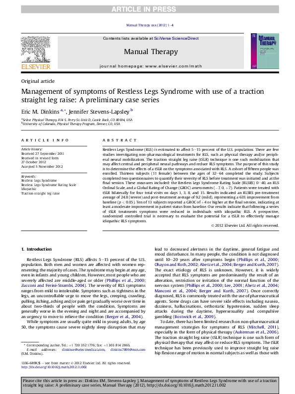 (PDF) Management of symptoms of Restless Legs Syndrome with use of a ...