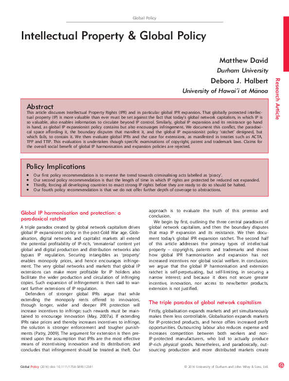 (PDF) Intellectual Property & Global Policy (2017) Global Policy 8(2)