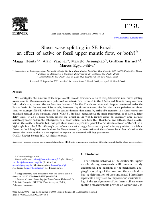 (PDF) Shear wave splitting in SE Brazil: an e¡ect of active or fossil upper mantle £ow, or both?