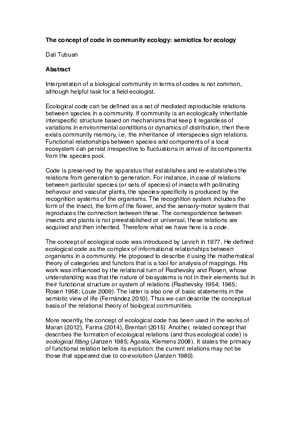 (PDF) The concept of code in community ecology: semiotics for ecology