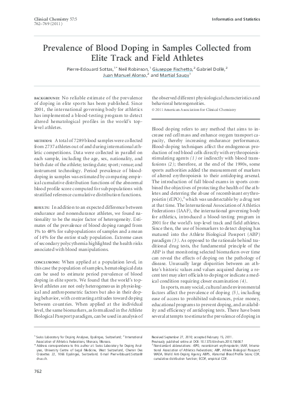 (PDF) Prevalence of Blood Doping in Samples Collected from Elite Track ...