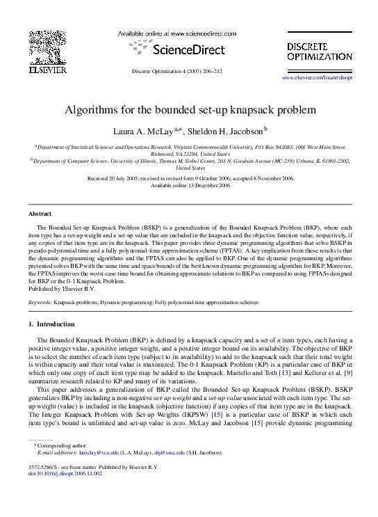 (PDF) Algorithms for the bounded set-up knapsack problem | Laura A Albert - Academia.edu