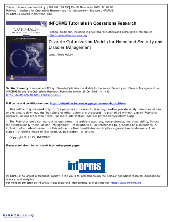 (PDF) INFORMS Tutorials in Operations Research Discrete Optimization Models for Homeland ...