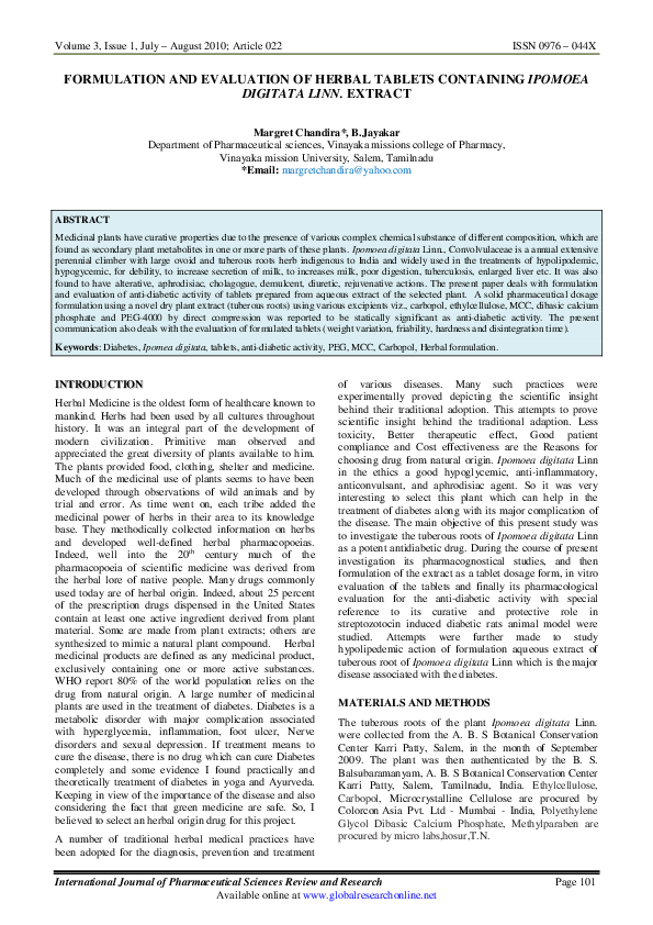 (PDF) FORMULATION AND EVALUATION OF HERBAL TABLETS CONTAINING IPOMOEA ...