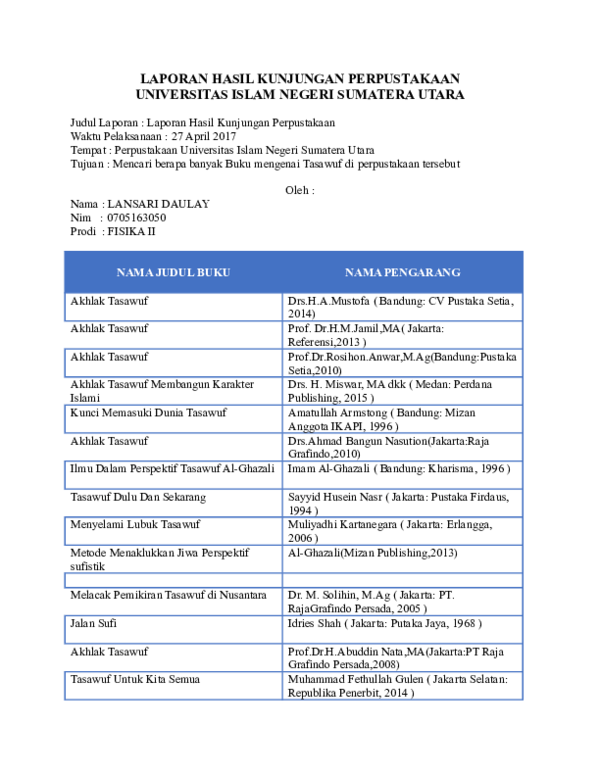 (DOC) LAPORAN HASIL KUNJUNGAN PERPUSTAKAAN UNIVERSITAS ISLAM NEGERI SUMATERA UTARA