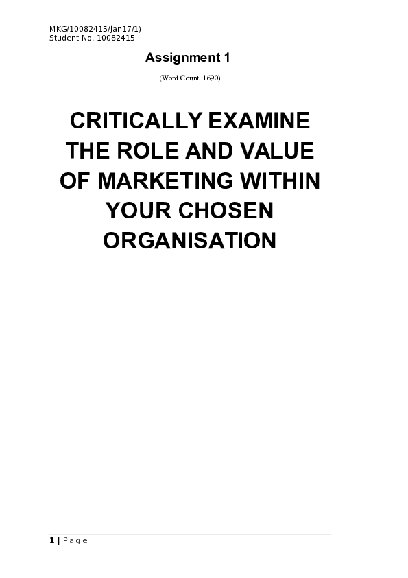 (DOC) Assignment 1 CRITICALLY EXAMINE THE ROLE AND VALUE OF MARKETING ...