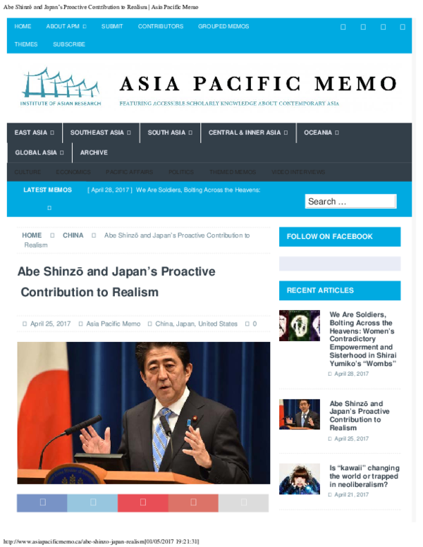 (PDF) "Abe Shinzō and Japan’s Proactive Contribution to Realism", Asia ...