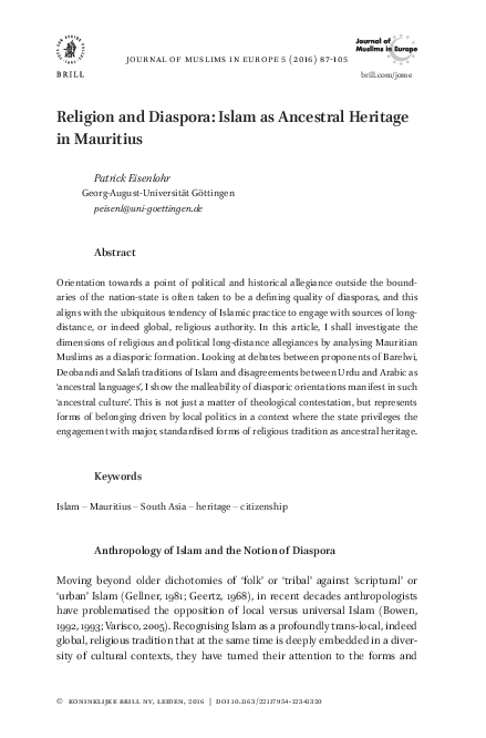 (PDF) Religion and Diaspora: Islam as Ancestral Heritage in Mauritius