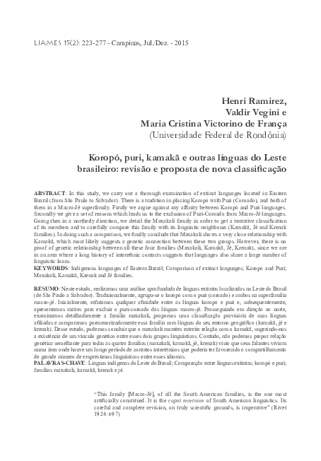 (PDF) KOROPO PURI KAMAKA e outras linguas do Leste brasileiro revisao e ...
