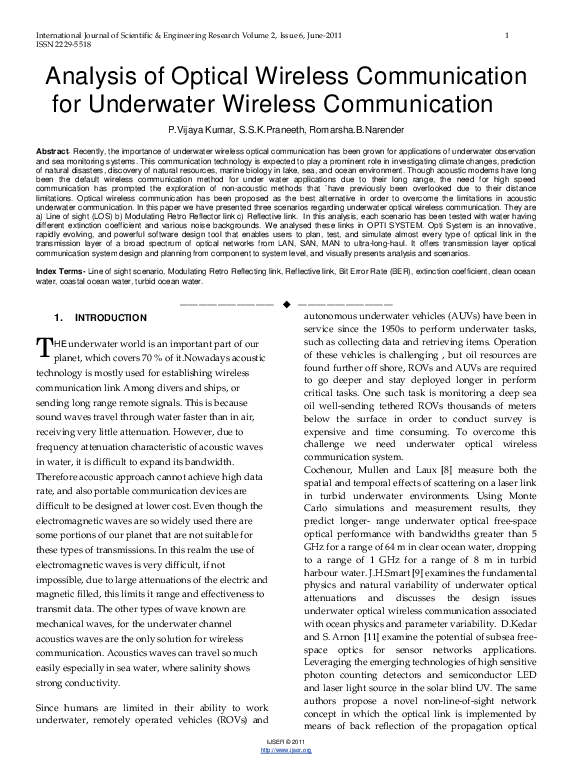 Pdf Analysis Of Optical Wireless Communication For Underwater Wireless Communication