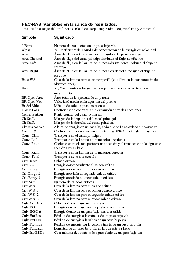 (PDF) HEC-RAS. Variables en la salida de resultados