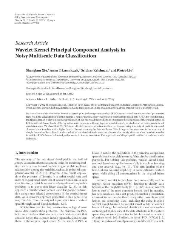Pdf Wavelet Kernel Principal Component Analysis In Noisy Multiscale Data Classification