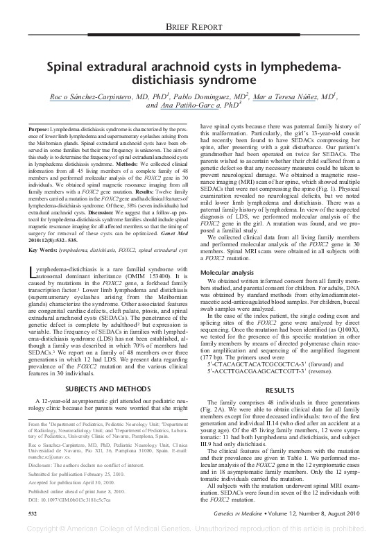 (PDF) Spinal extradural arachnoid cysts in lymphedema-distichiasis syndrome
