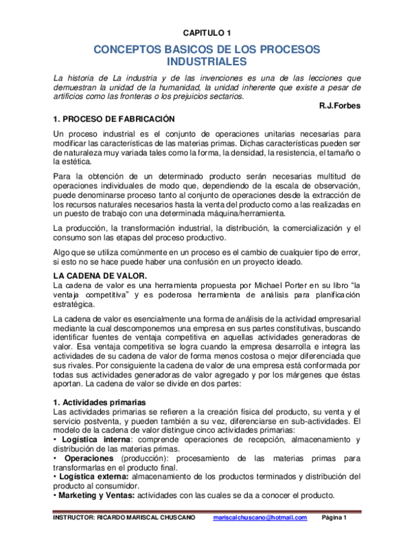 (PDF) INSTRUCTOR: RICARDO MARISCAL CHUSCANO CONCEPTOS BASICOS DE LOS PROCESOS INDUSTRIALES