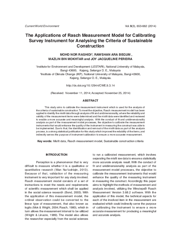 (PDF) The Applications of Rasch Measurement Model for Calibrating Survey Instrument for ...